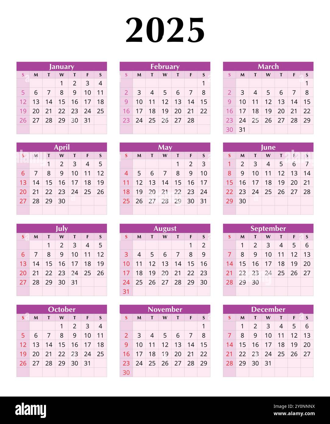2025 year english vector calendar with 12 months in pink colors Stock ...