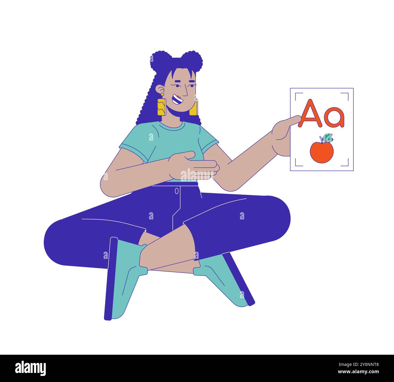 Smiling latina woman holding letter recognition card 2D cartoon ...