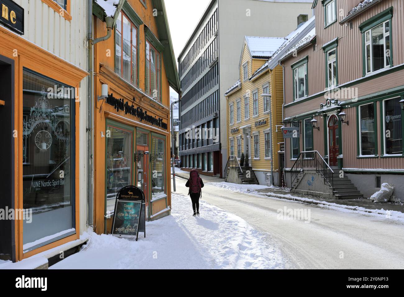 Winter street view along Storgata 79-83, 9008, Tromso, city, Norway ...