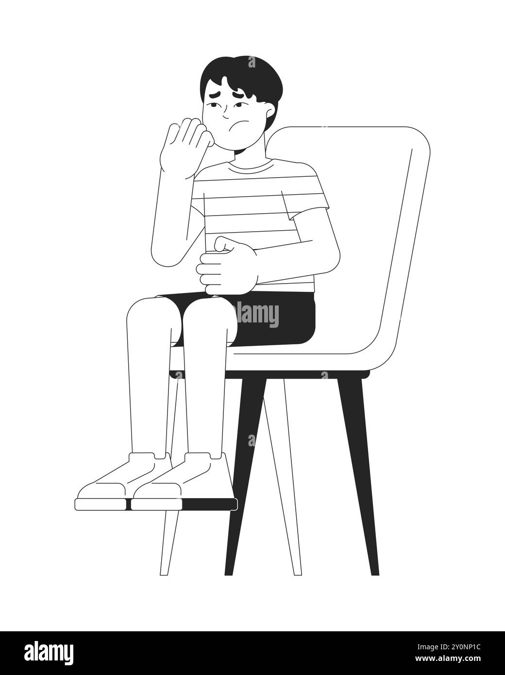 Upset little asian boy sitting on chair black and white 2D line cartoon character Stock Vector ...
