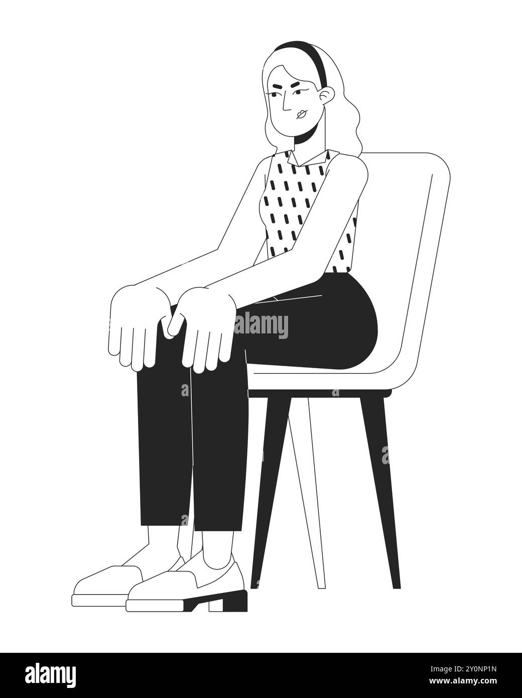 Angry Blonde Woman Sitting On Chair Black And White 2d Line Cartoon