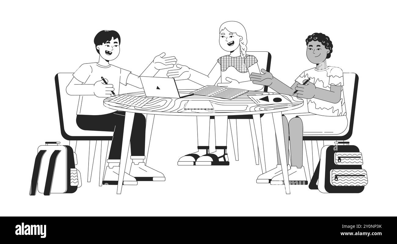 Diverse children discussing project black and white 2D line cartoon ...