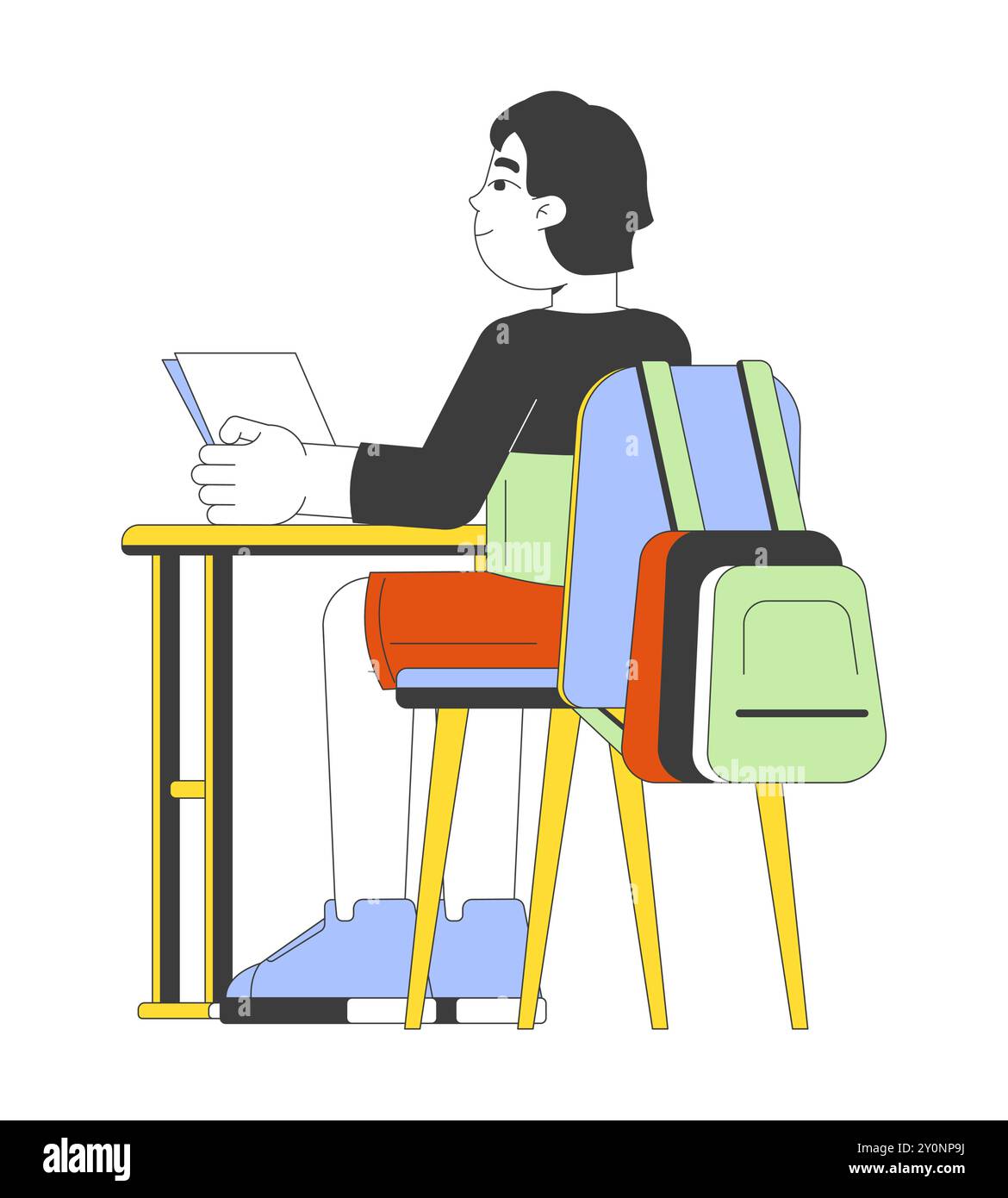Attentive asian schoolboy sitting at desk 2D cartoon character Stock ...