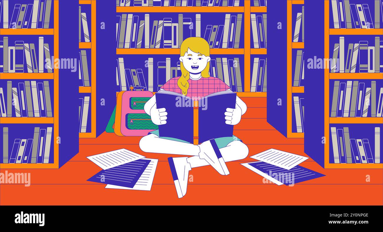 Preteen girl doing homework on library floor cartoon flat illustration ...