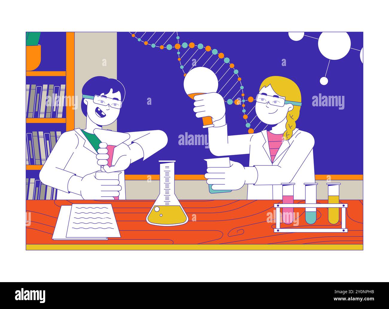 Inspired children students doing chemical experiments 2D cartoon ...