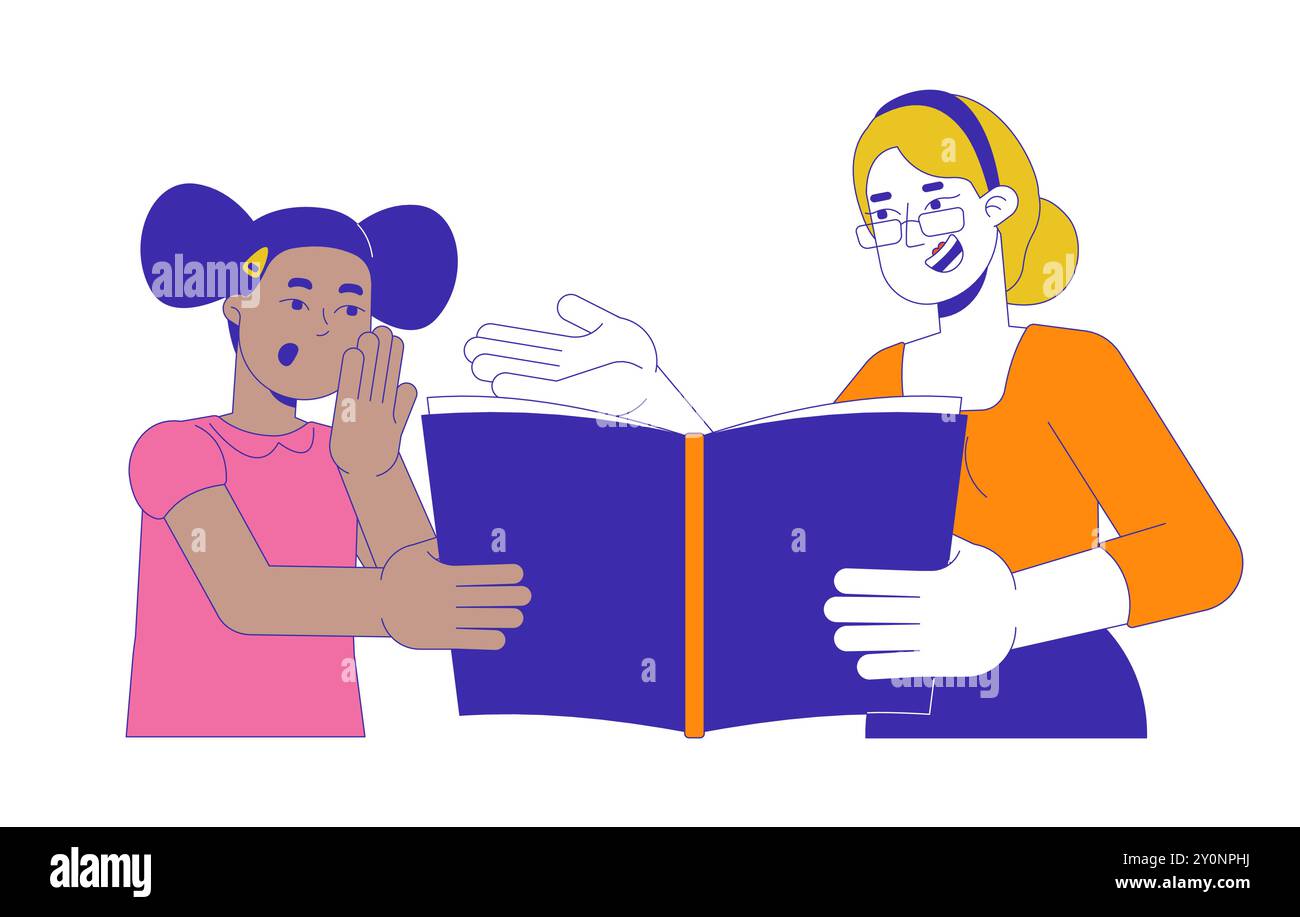 Teacher with surprised little girl reading book 2D cartoon characters ...