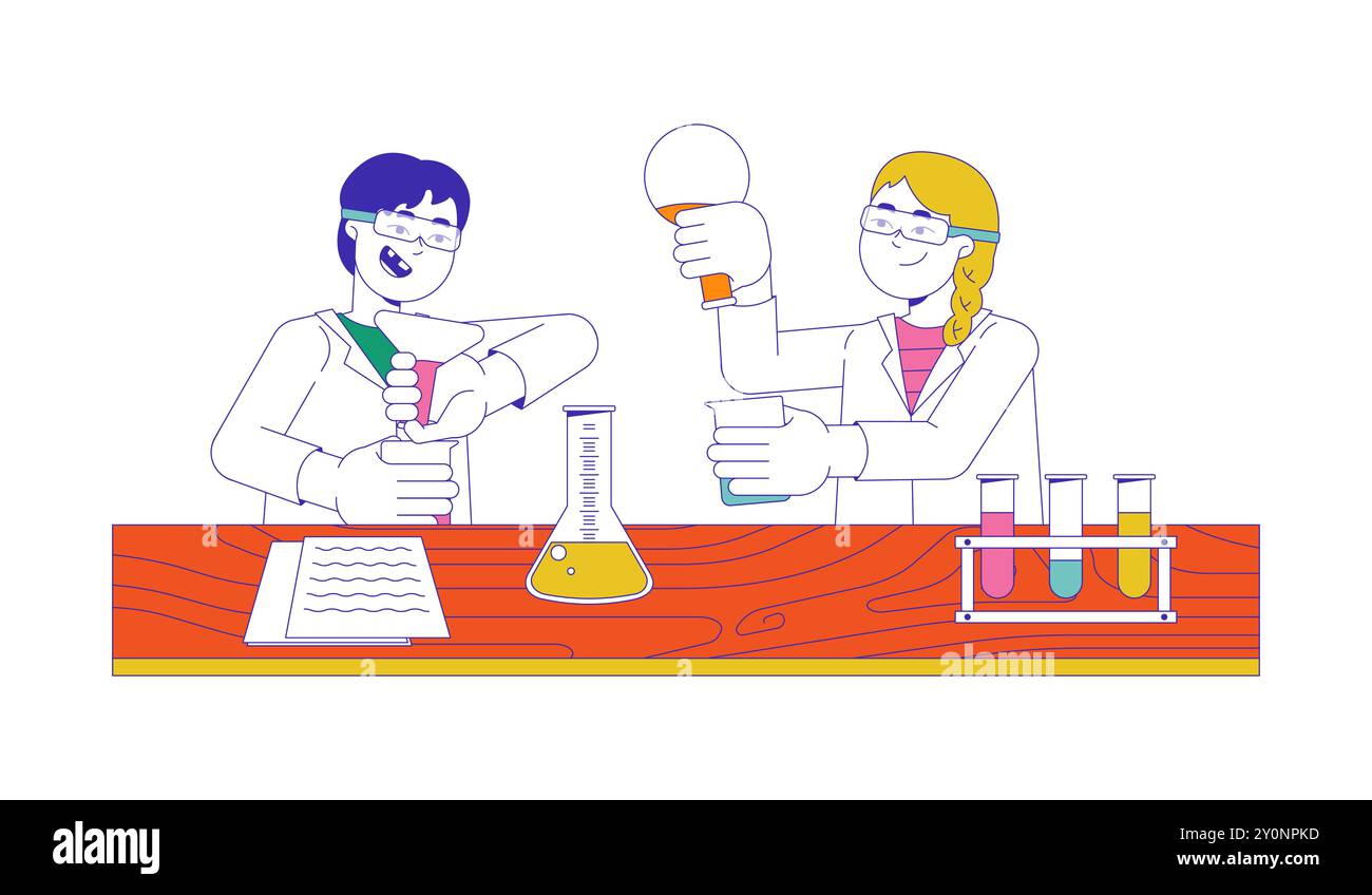 Positive diverse students working in chemical lab 2D cartoon characters ...