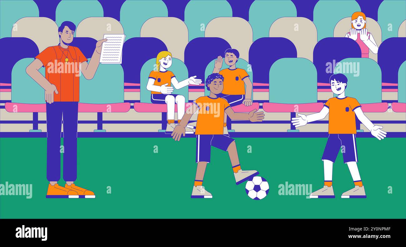 Stadium football coach children practicing cartoon flat illustration ...