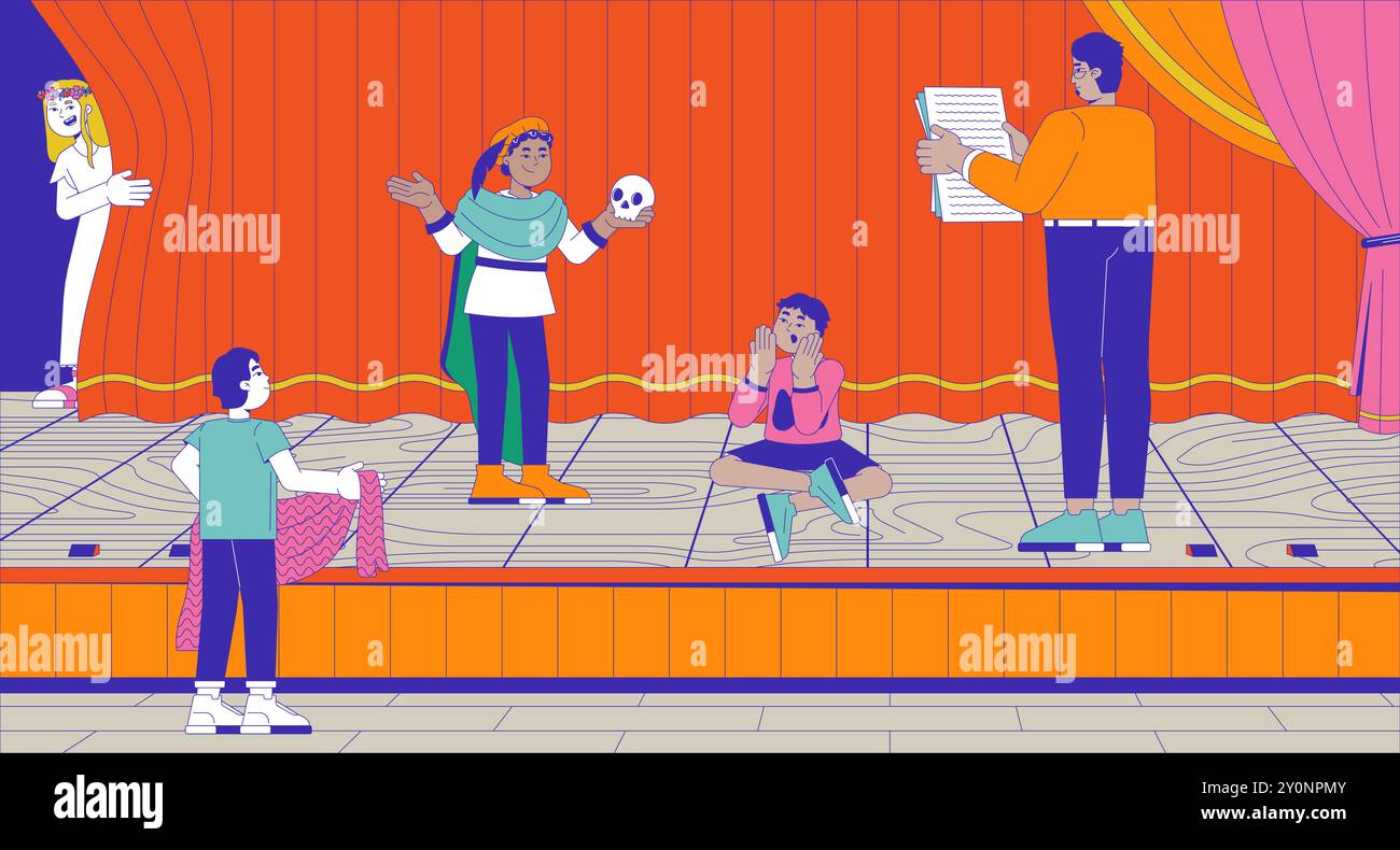 Theatre kids rehearsal Hamlet performance cartoon flat illustration ...