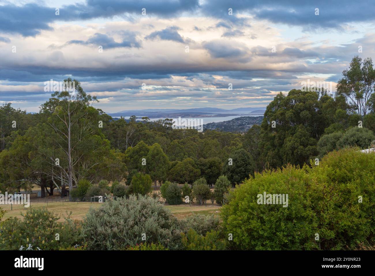 Scenic landscape view of the ocean coast in Kingston, Hobart, Tasmania ...