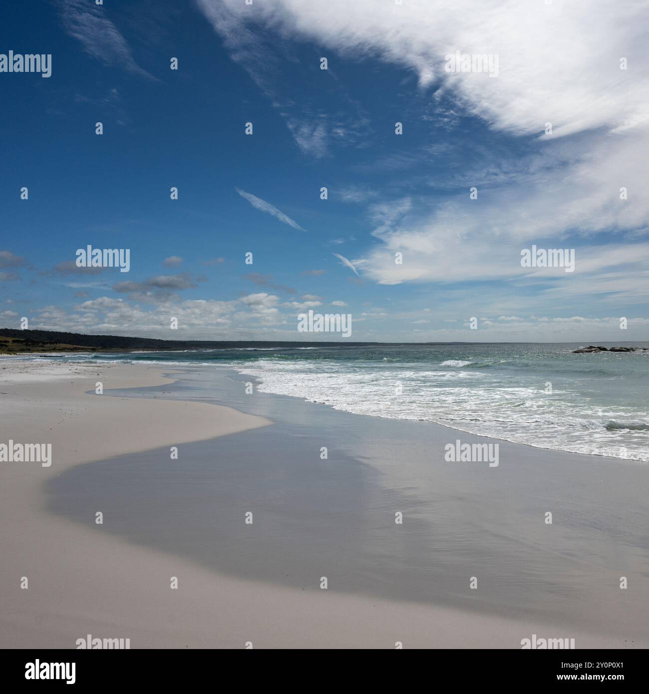 Beach along the shoreline of the Bay of Fires which was given its name ...