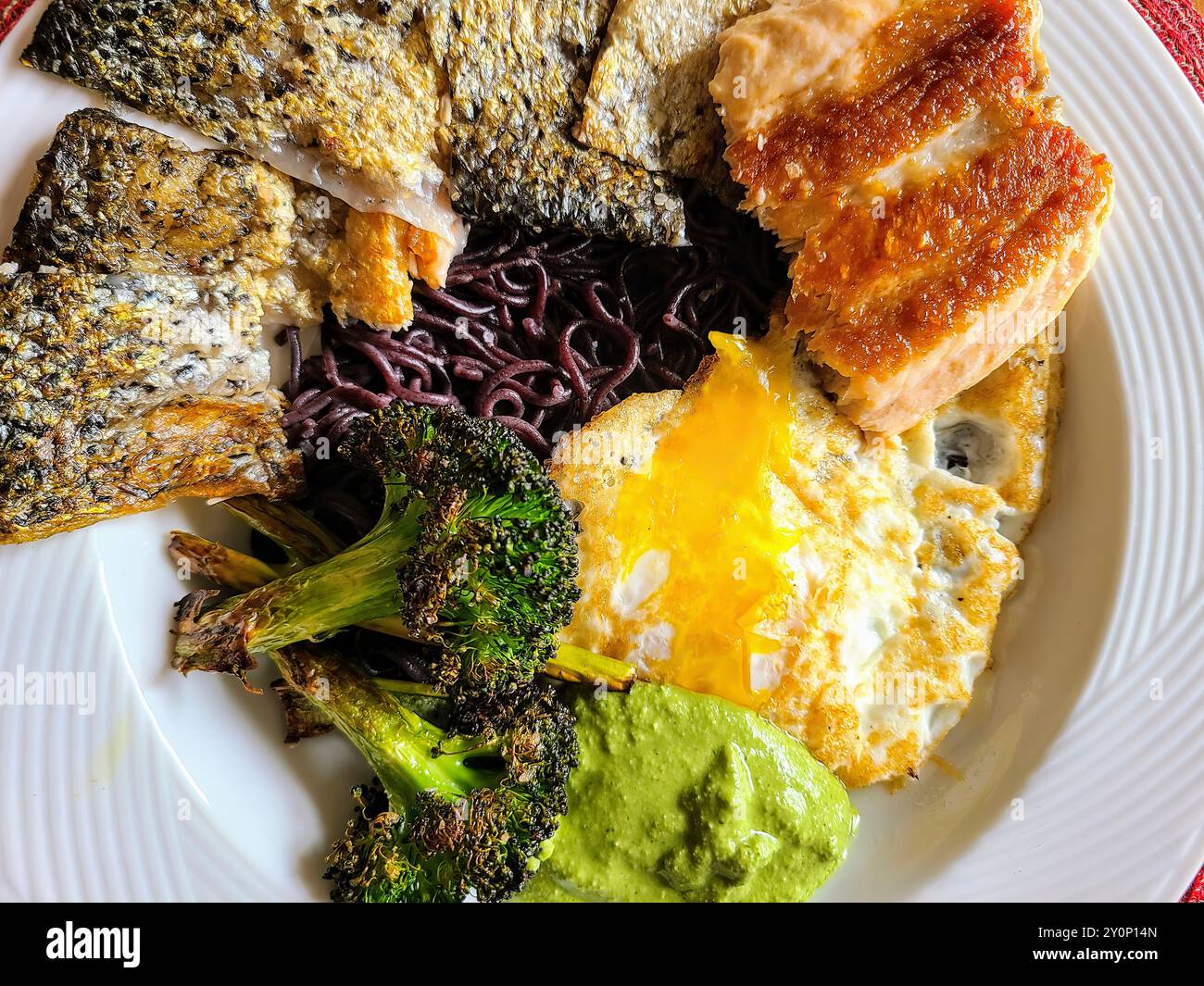 Seared Fish with Soba Noodles and Sunny-Side-Up Egg Eye-Level View ...