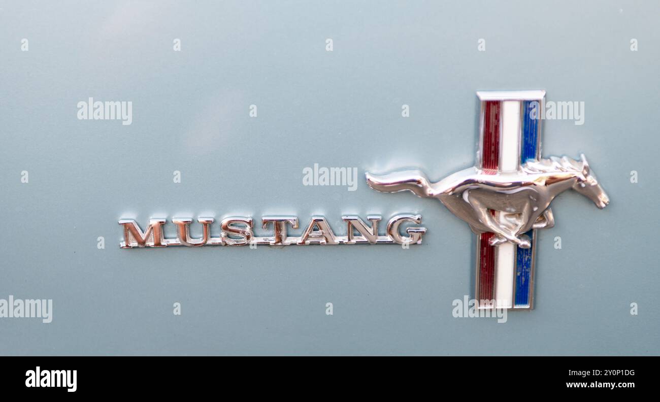 Seattle, WA, USA -July 3, 2024: Mint Red Ford Mustang logo 1965 1966 ...