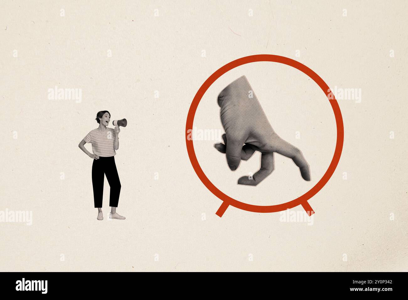 Composite collage image of hand running circle bossy female chief ...