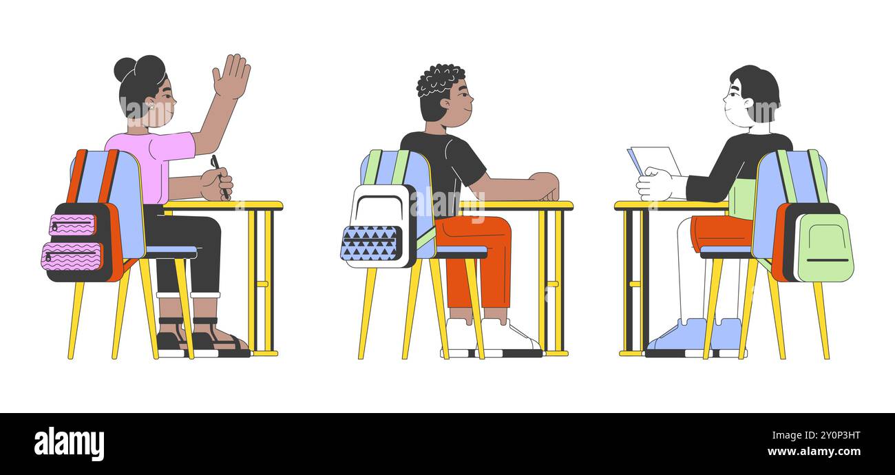 Diverse schoolkids sitting at desks 2D linear cartoon characters set ...