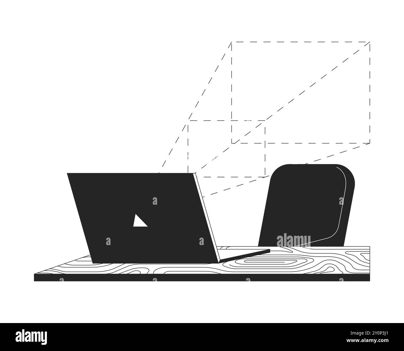 Digital scanner laptop on desk with chair black and white 2D line ...