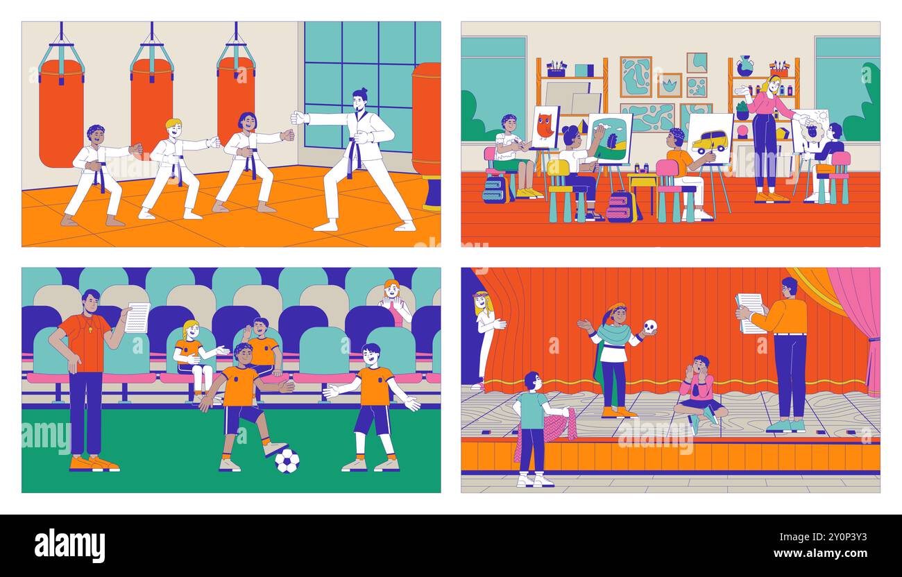 Classes middle school schoolkids cartoon flat illustrations set Stock ...