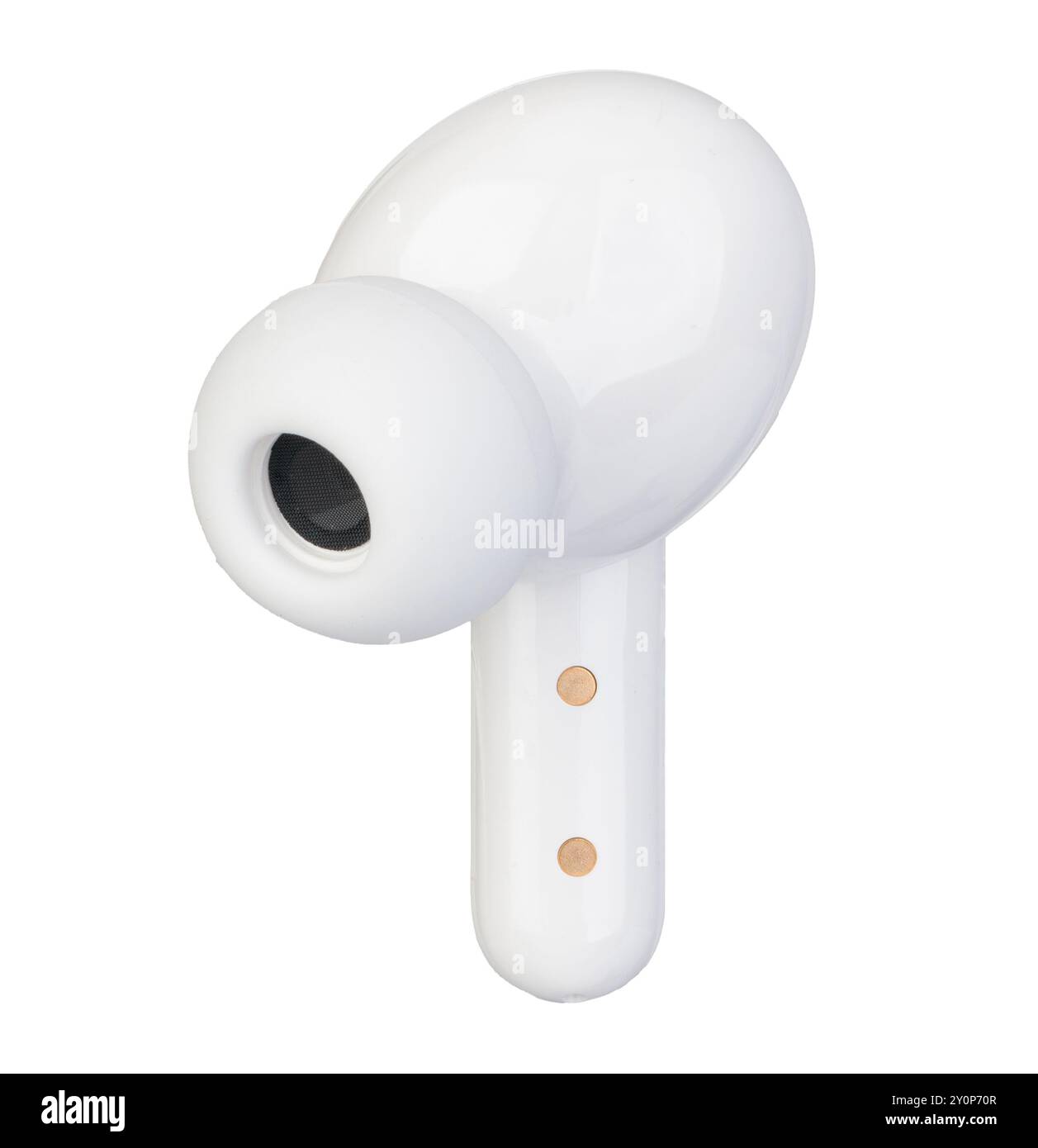 Close-up side view of a single white wireless earbud on a white ...