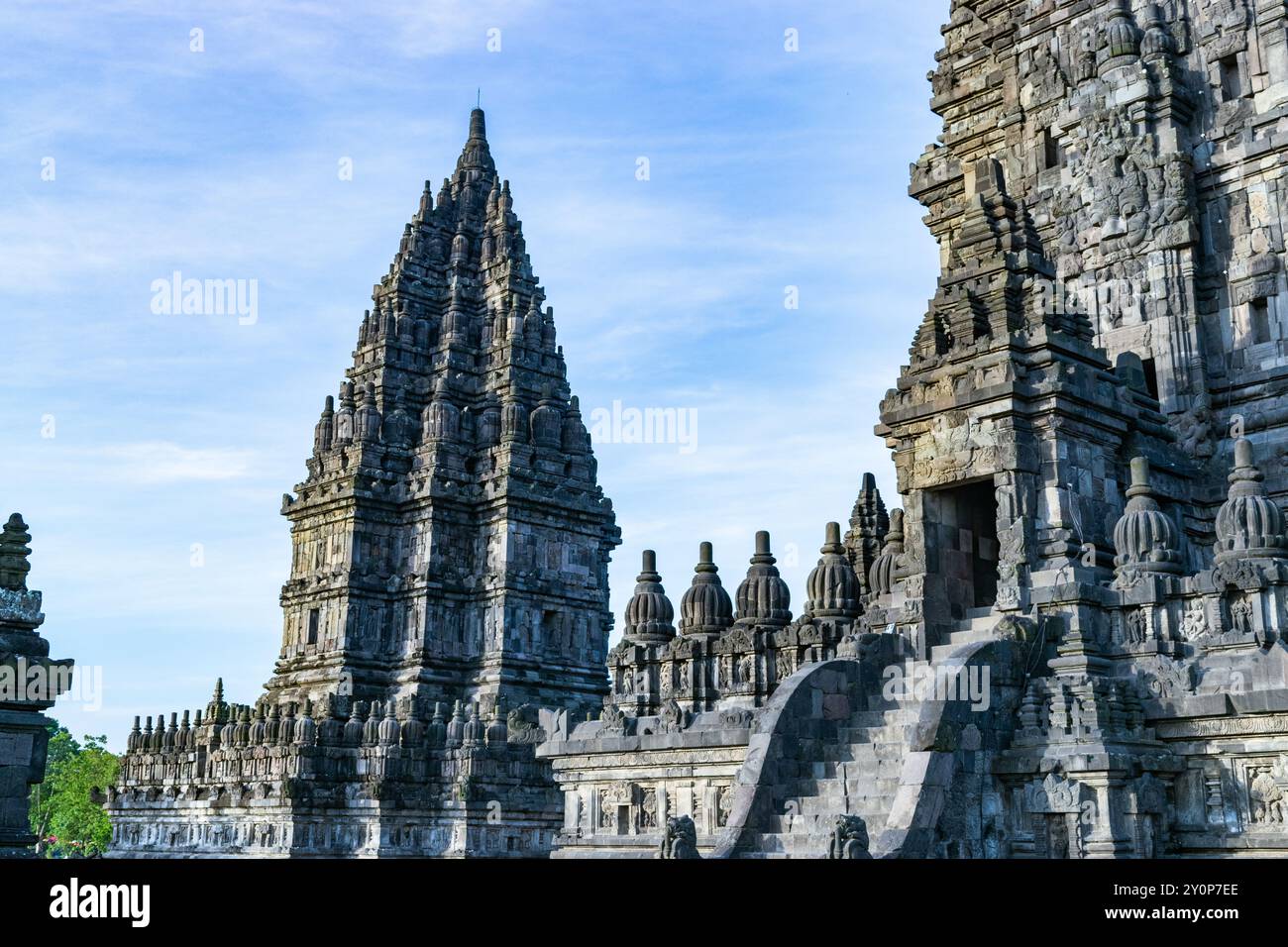 Scenic view of the prambanan temple on a sunny morning, a 9th-century ...