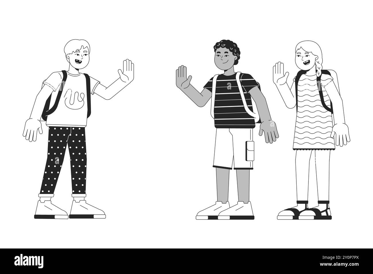 Diverse schoolkids greeting each other black and white 2D line cartoon characters Stock Vector ...