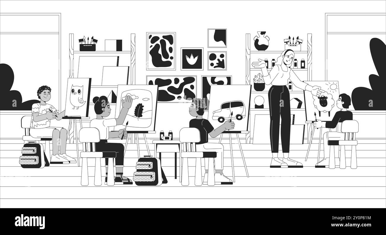 Middle school art class black and white line illustration Stock Vector ...