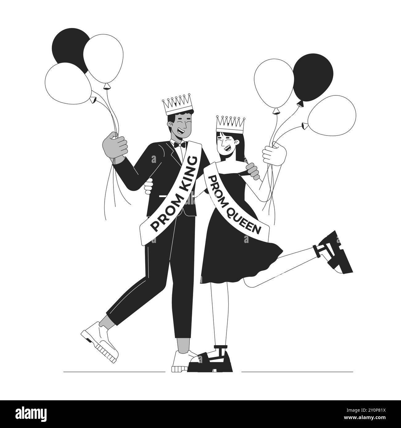 High school couple prom queen king black and white line illustration ...