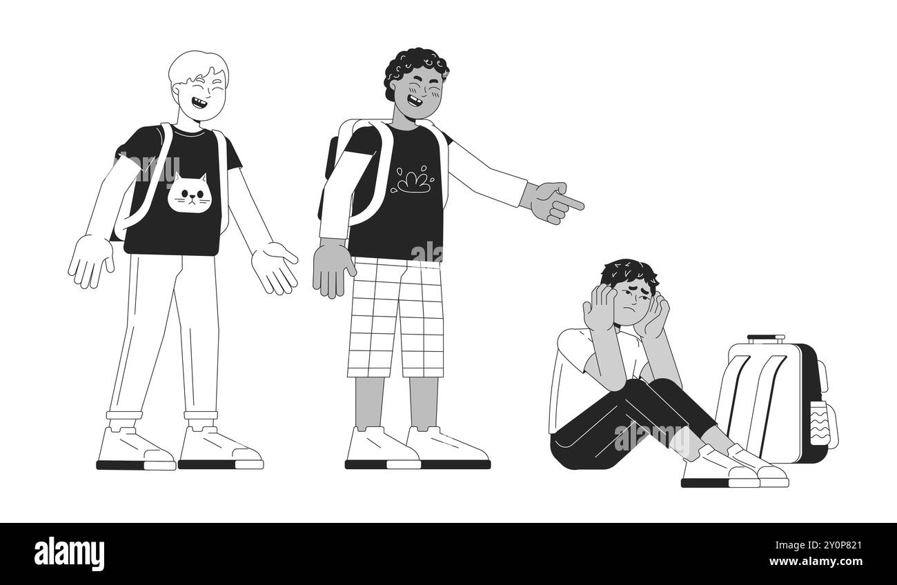 Schoolboys bullies bullying preteen kid black and white 2D line cartoon ...