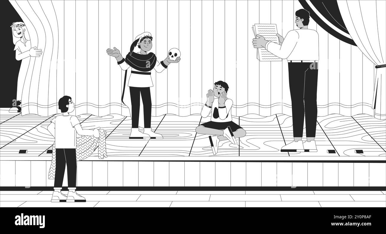 Theatre kids rehearsal Hamlet performance black and white line ...