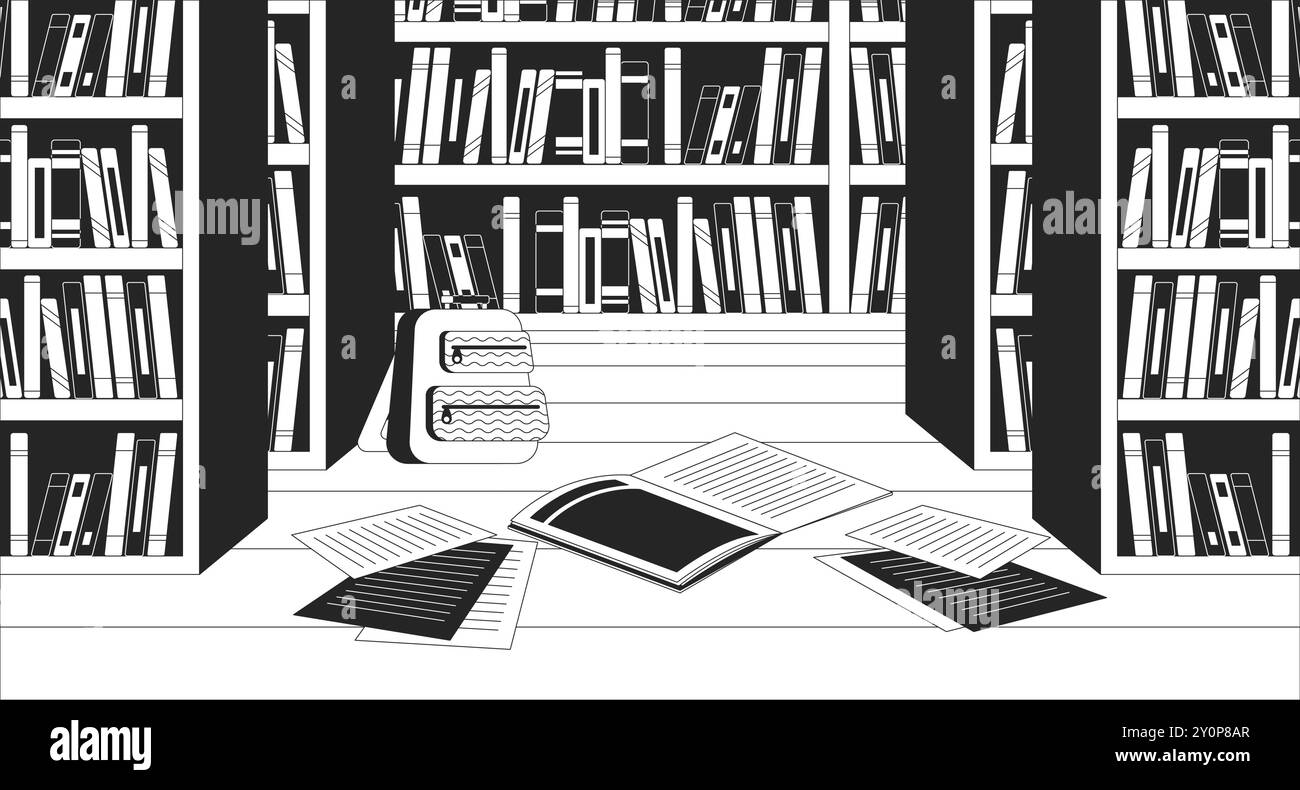 Books shelves library empty black and white line illustration Stock ...