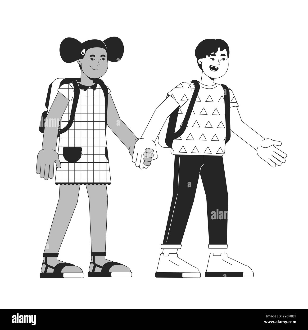 Diverse schoolboy and schoolgirl holding hands black and white 2D line ...