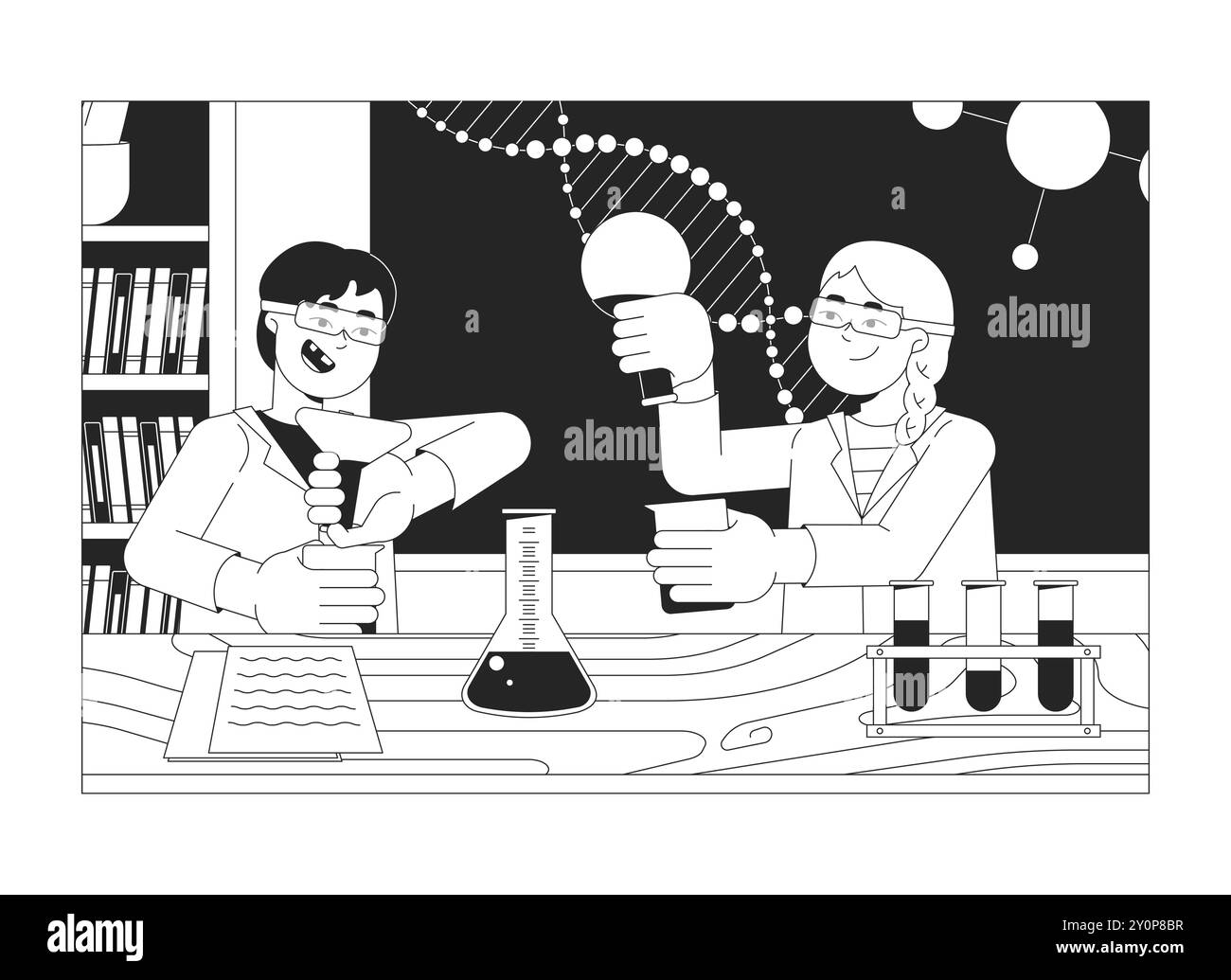 Inspired children students doing chemical experiments black and white 2D line cartoon characters ...