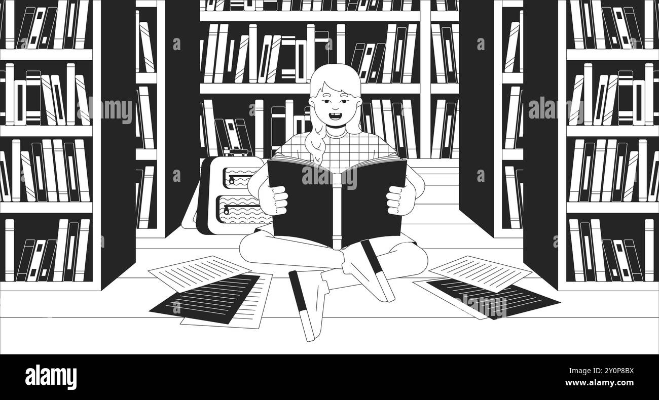 Preteen girl doing homework on library floor black and white line ...