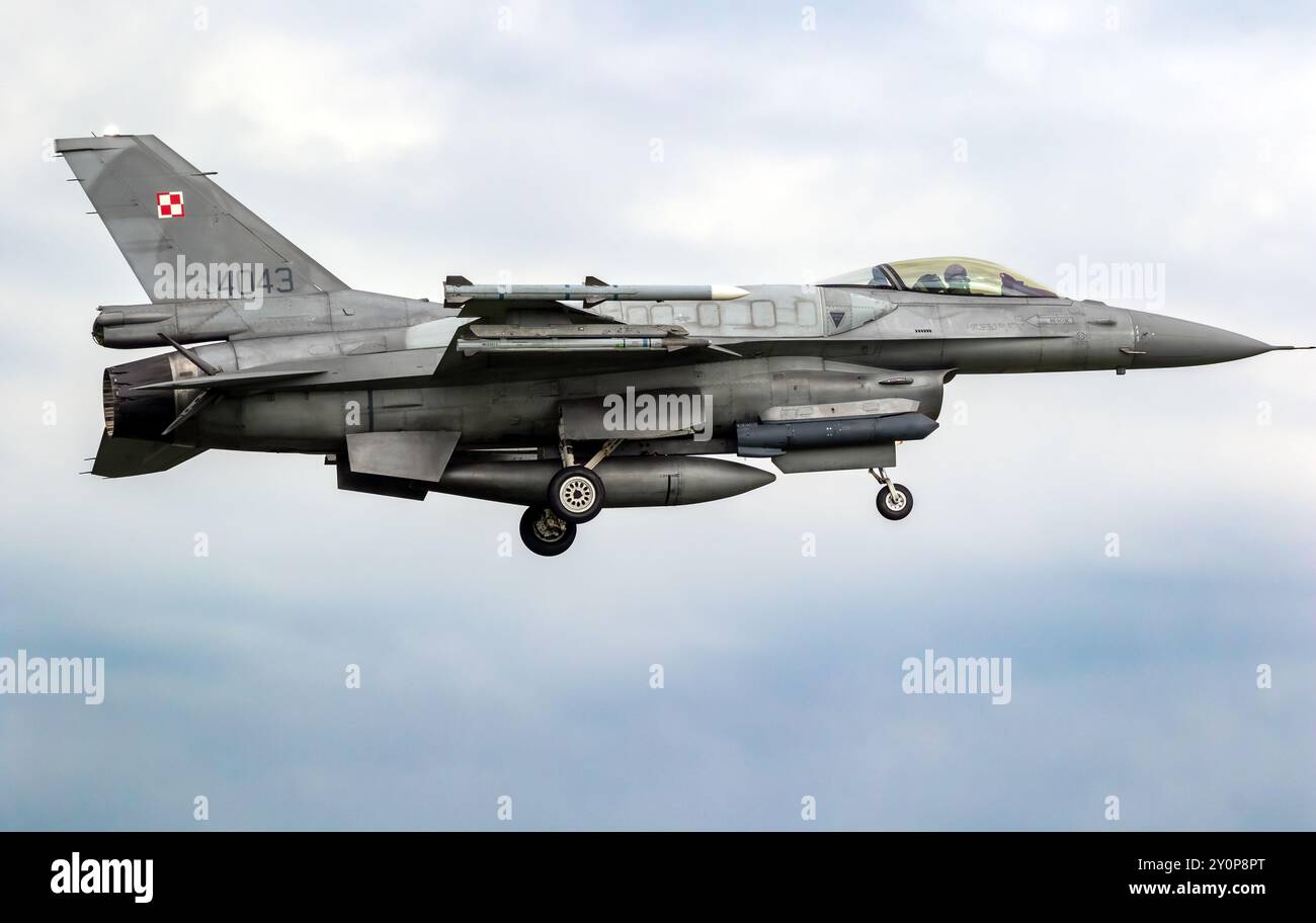 Polish Air Force F-16 fighter jet on final approach at Leeuwarden Air Base. Leeuwarden, The ...