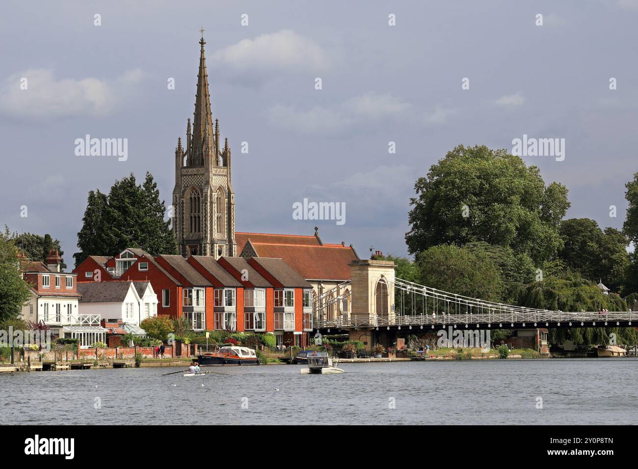Marlow Town showing the church and road bridge over the river Thames ...