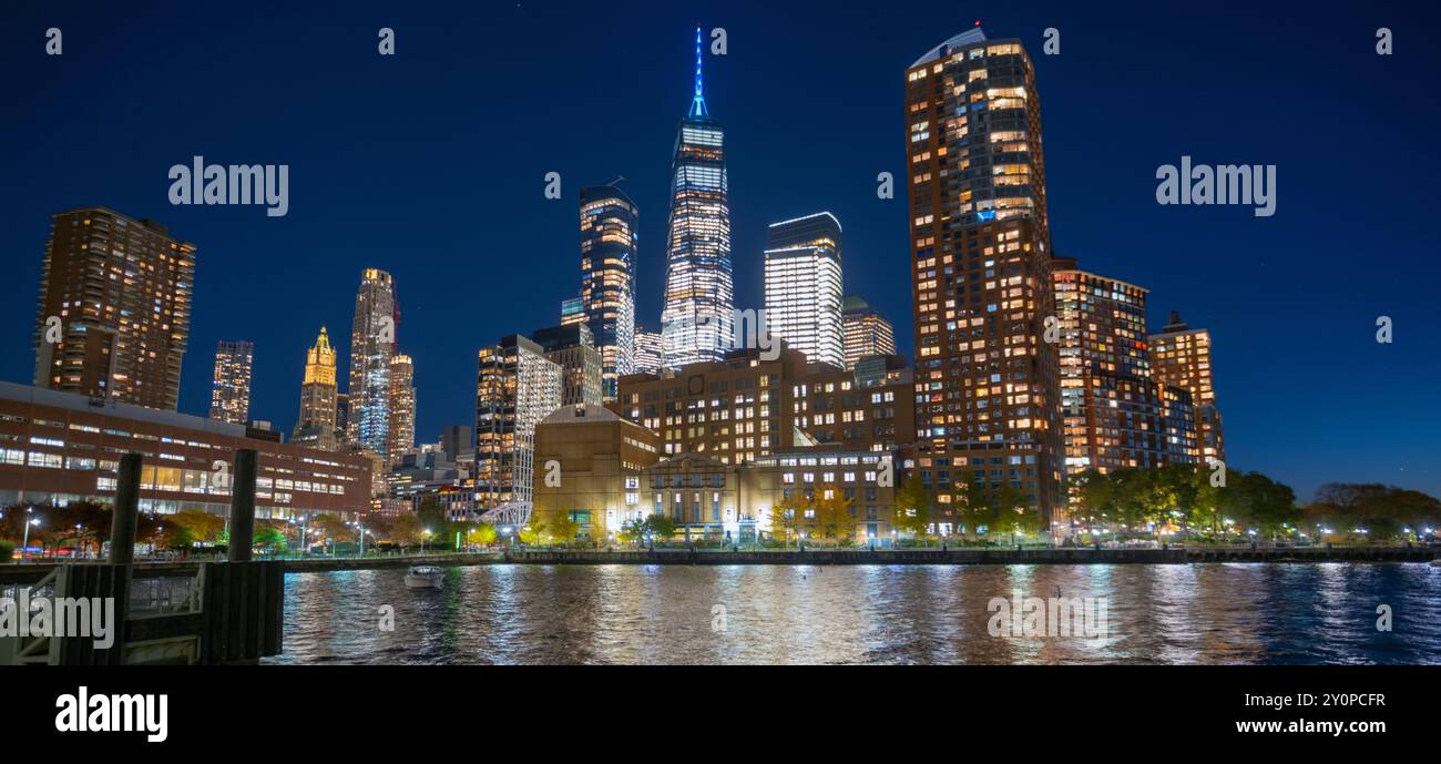 New York skyline at night. World Trade Center at night. Evening walk ...