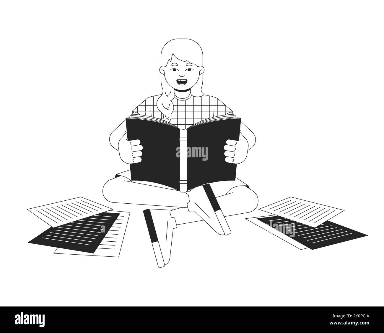 Excited blonde girl reading book black and white 2D line character ...