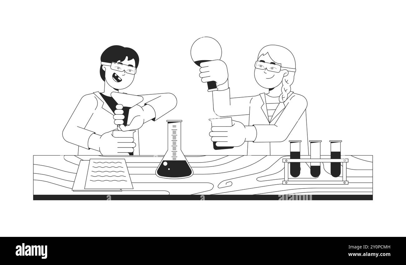 Positive diverse students working in chemical lab black and white 2D ...