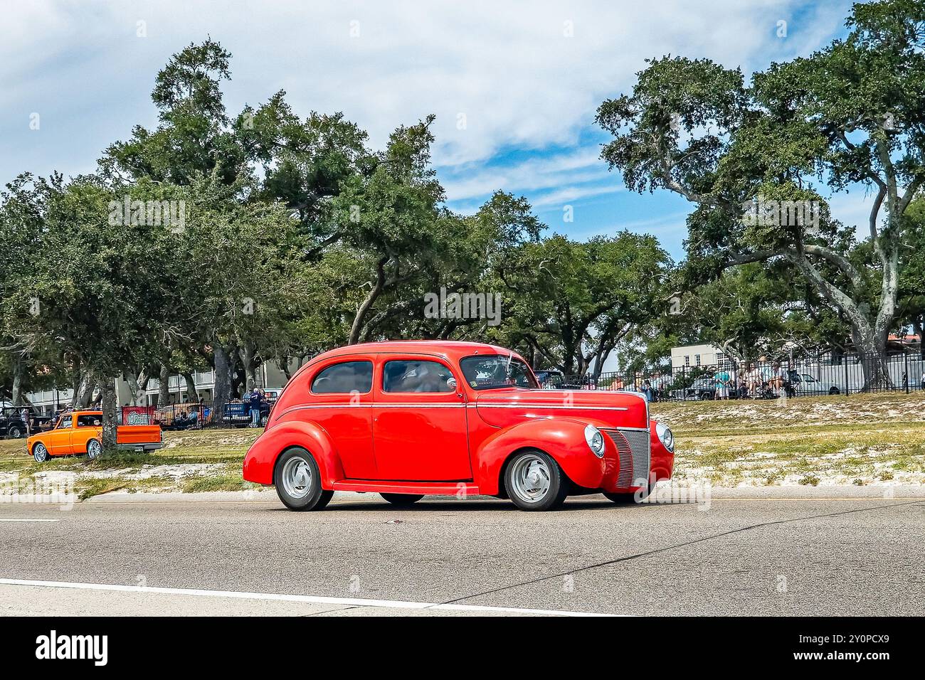 Gulfport, MS - October 07, 2023: Wide angle side view of a 1940 Ford ... Gulfport, MS - October 07, 2023: Wide angle side view of a 1940 Ford ...