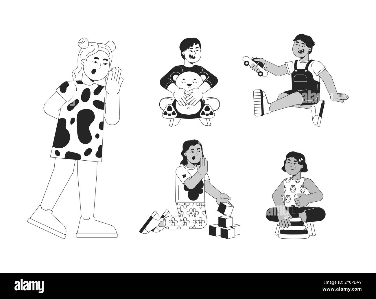 Little multiracial children group black and white 2D line cartoon ...