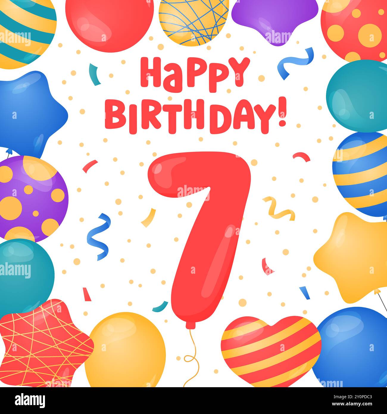 Happy Birthday 7 years card design. Seventh Birthday celebration. Vector illustration. Bday ...