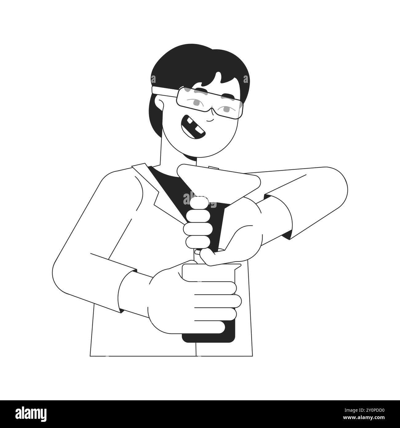 Excited asian boy doing chemical tests black and white 2D line cartoon ...