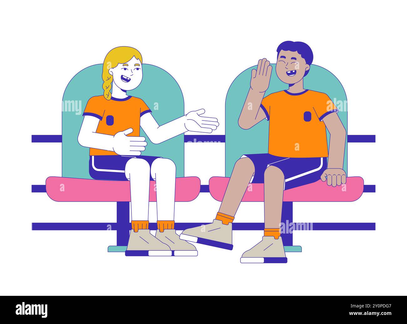 Sportswear diverse kids talking at stadium seats 2D cartoon characters ...