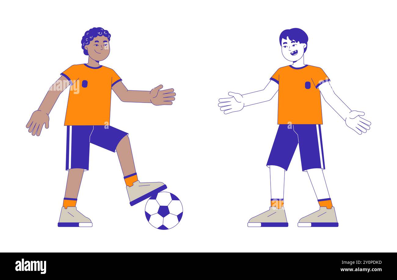 Soccer team kids kicking football 2D cartoon characters Stock Vector ...