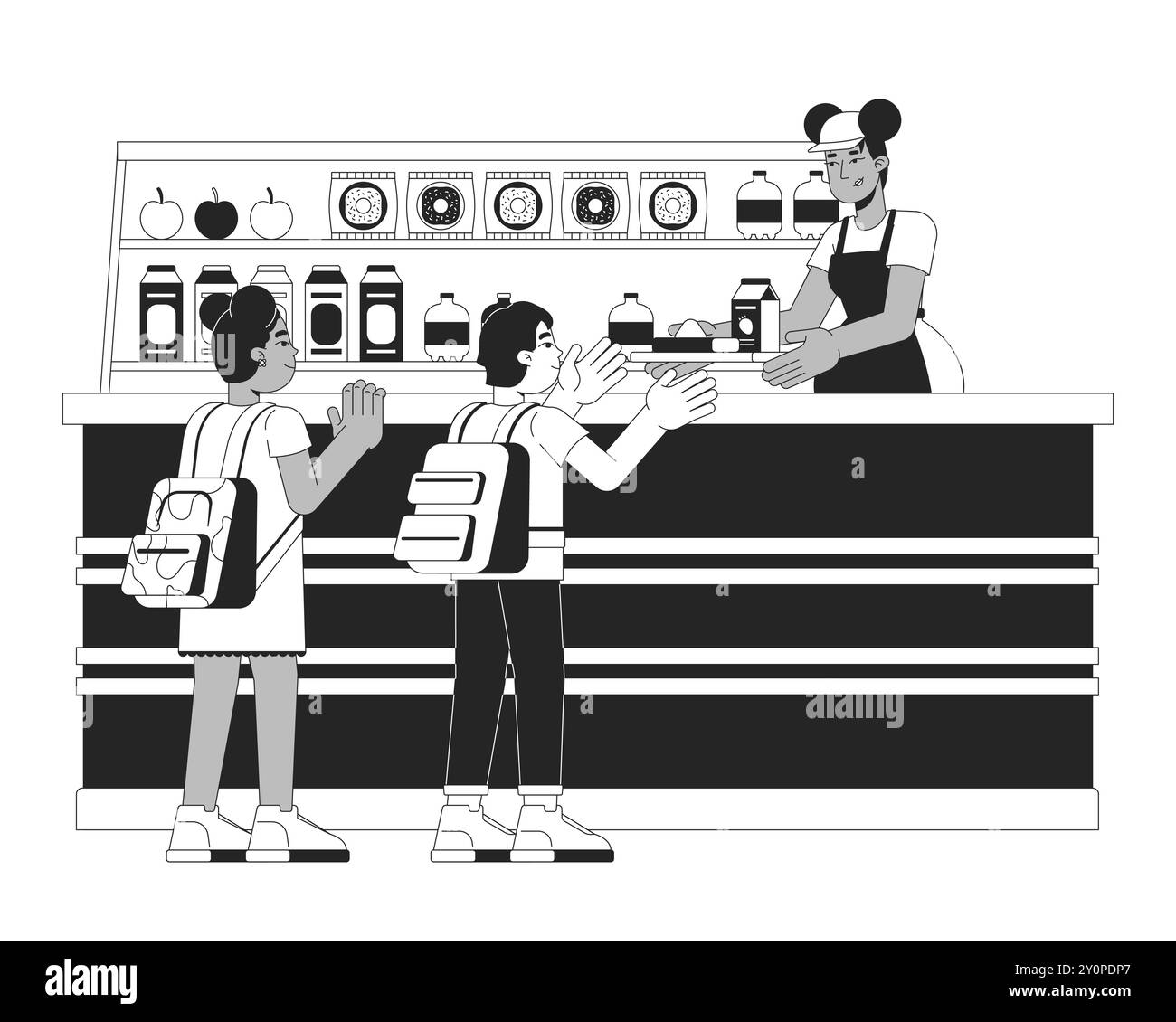 Lunch lady canteen snack bar with hungry kids black and white 2D line ...