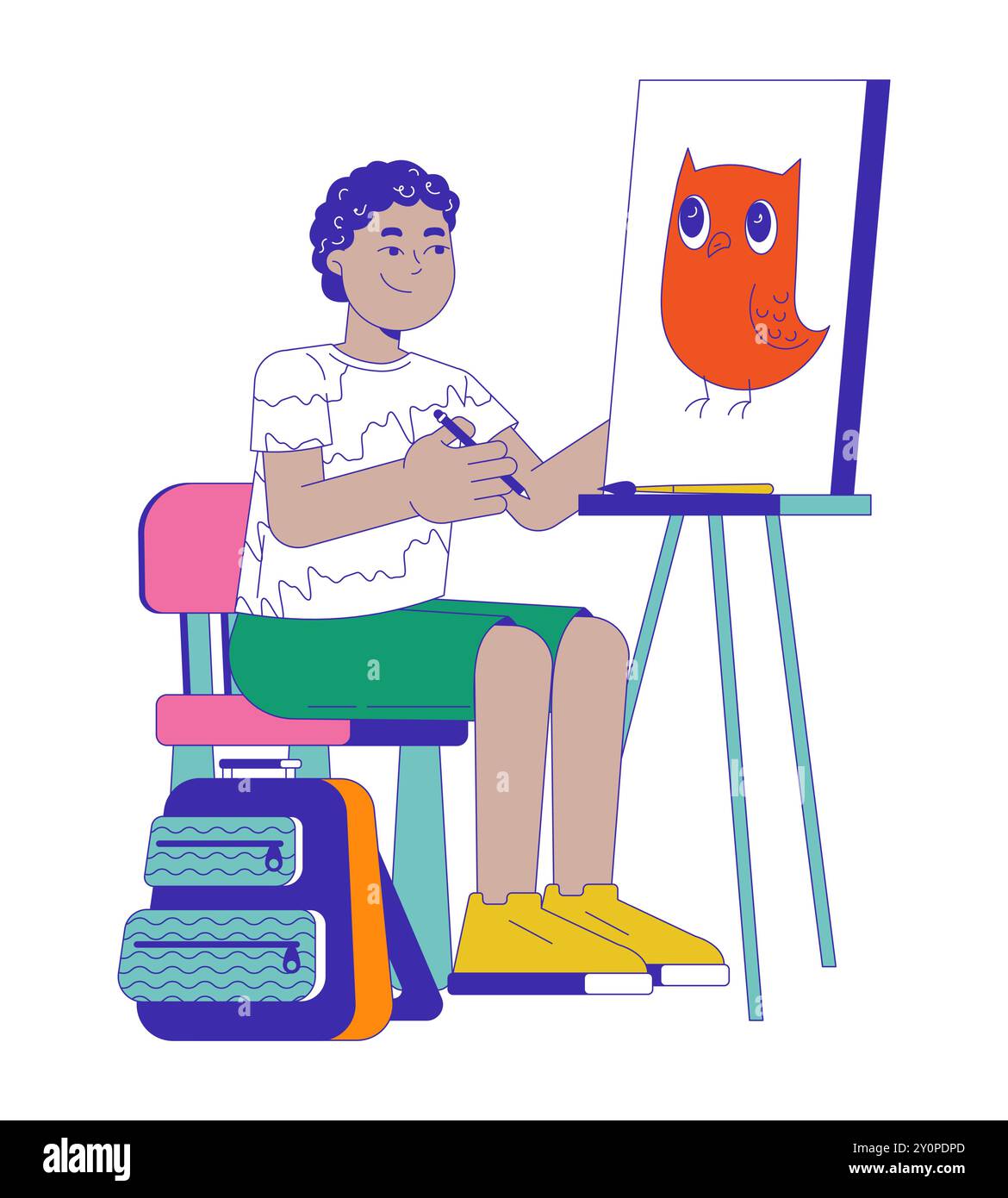 Young boy painting owl on canvas with easel 2D cartoon character Stock ...
