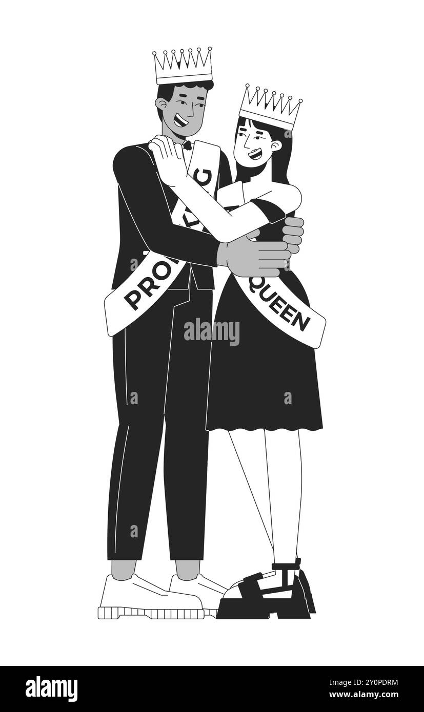 Prom queen king high school dance black and white 2D line characters ...