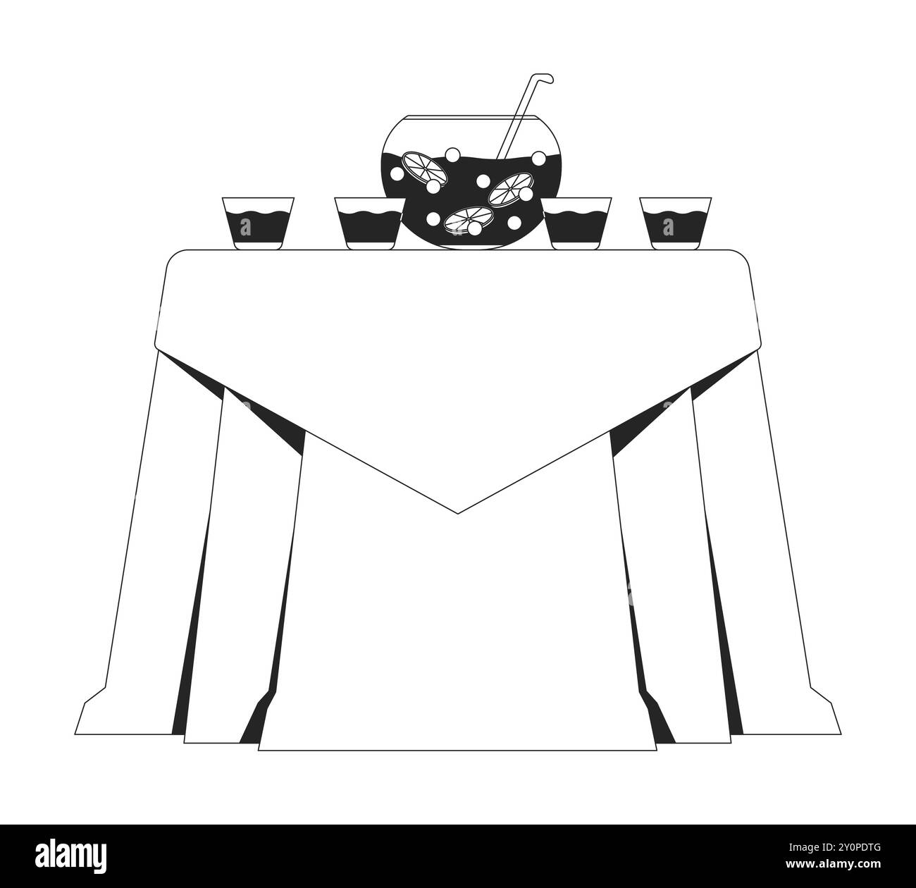 Prom party table punch bowl ladle cups black and white 2D line object ...