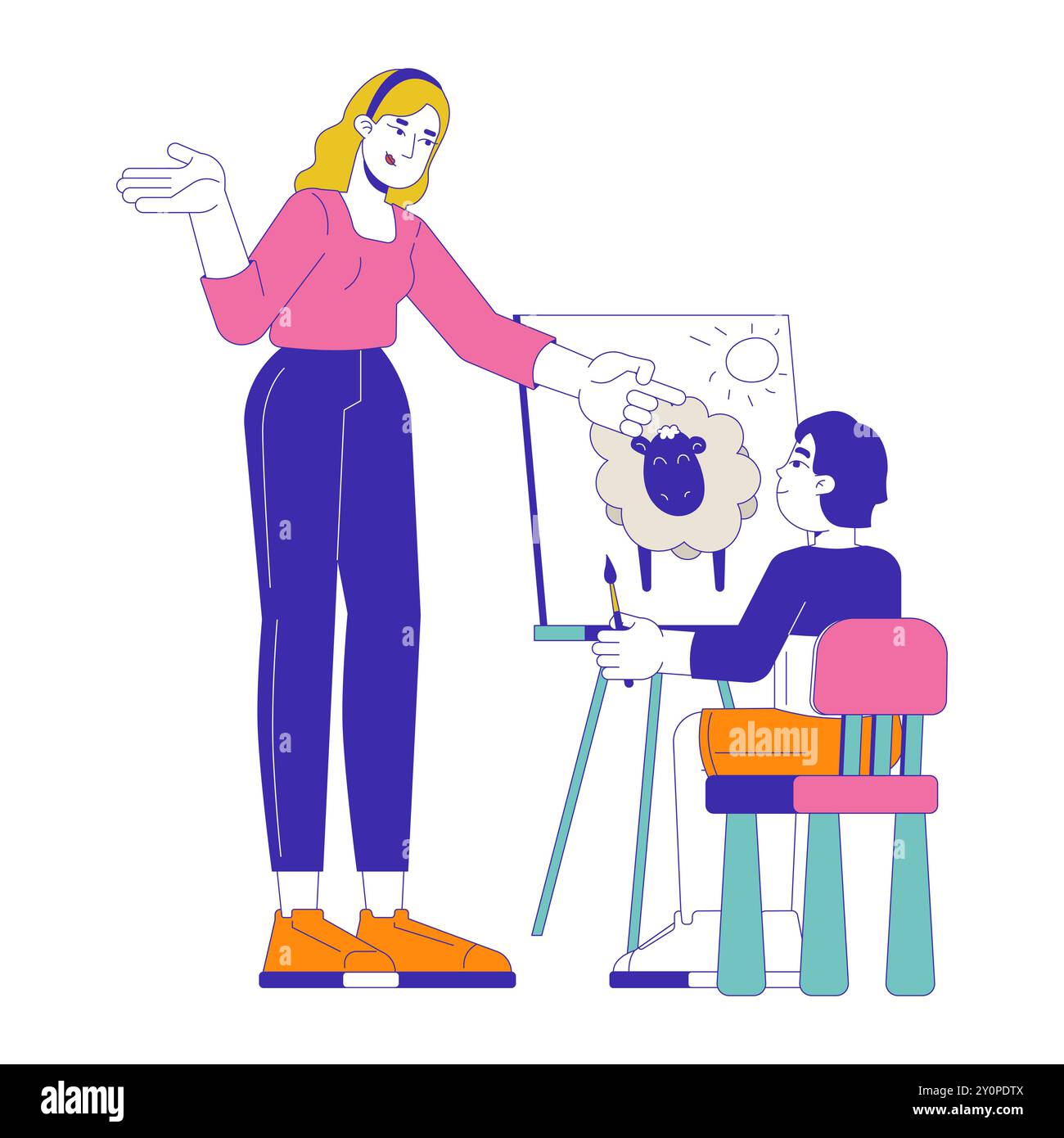 Art teacher giving advice to kid about drawing 2D cartoon characters ...