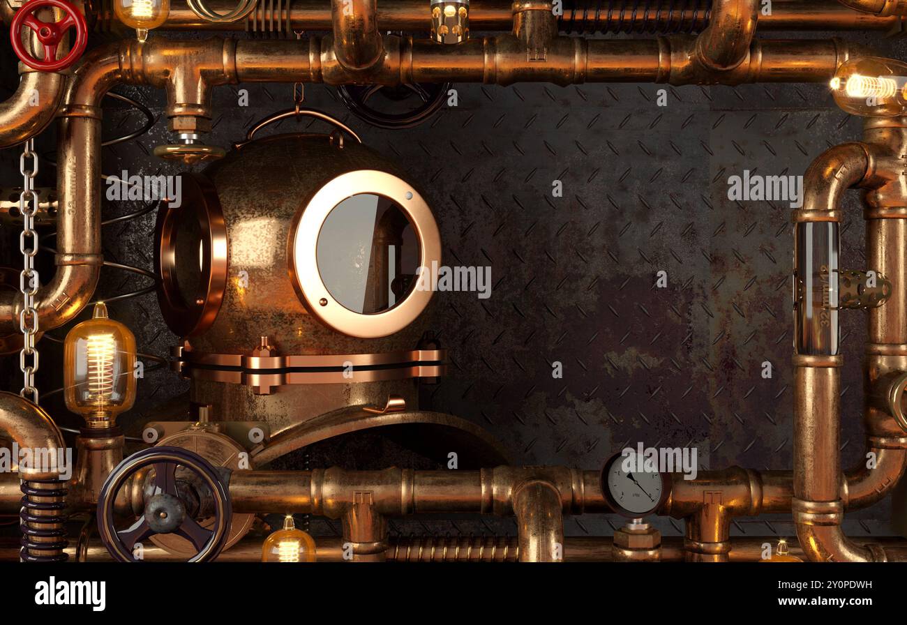 Background dark wall loft steampunk lamp from pipes Stock Photo - Alamy