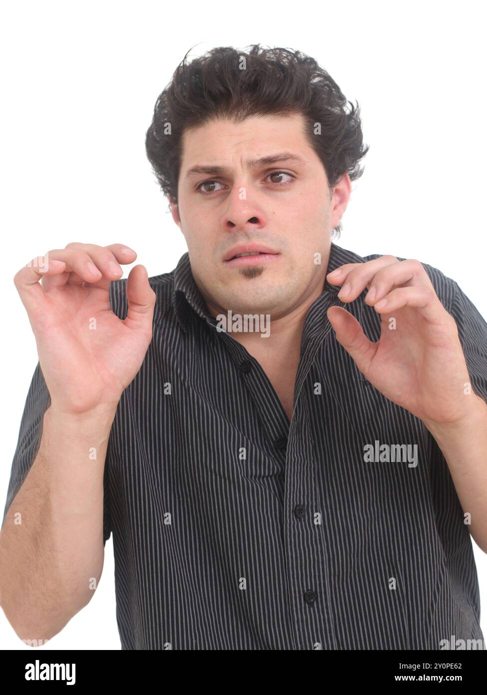 portrait of young man with looking frightened on isolated white ...